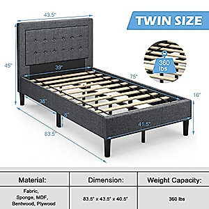 Giantex Upholstered Bed Frame, Modern Platform Bed w/Button Tufted Headboard, Solid Slats Support Mattress Foundation, No Box Spring Needed, Easy Assembly, Noise-Free Design, Twin, Grey