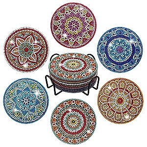 Temlum 6 Pcs Diamond Painting Coasters with Holder, DIY Mandala Coasters Diamond Art Kits for Beginners, Adults & Kids Small Diamond Painting Craft Supplies