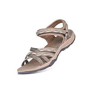 GRITION Women Hiking Sandals Girls Outdoor Sport Water Shoes Summer Flat Cross-Tied Sandals Open Toe Adjustable Walking Shoes Black Pink Gray Sand (9 US/39 EU, Coffee/Sand)