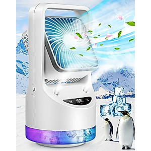 HeaBoom 90° Auto Oscillation Portable Air Conditioner, 4000mAh Rechargeable Evaporative Cooler Humidifier, Mini Conditioner with 7 Color Lights, Aroma Discs, Desk Cooling Fan, White