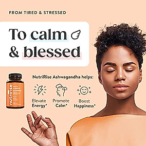 NutriRise Organic Ashwagandha Root Capsules with Black Pepper, 1300mg, Natural Stress & Mood, Thyroid, and Immune Support Supplement, Nootropic for Focus & Energy, Gluten Free, 120 Count