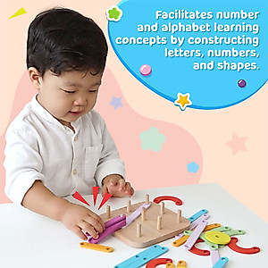 Bimi Boo 28 Pсs Letter and Number Construction Activity Set - Wooden Letters Number Shape Puzzles for Kids - Letter and Number Construction Activity Set - Shape Color Recognition Pegboard