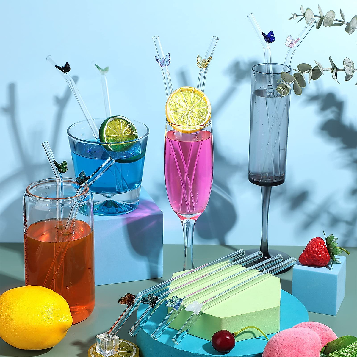 12 Pcs Reusable Glass Straws with 4 Cleaning Brushes, 8 mm x 7.9 Inch Bent Glass Butterfly Straws Colorful Butterfly on Clear Straws for Smoothie Cocktail Juice Shakes Beverages