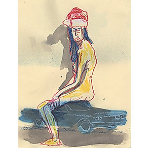 Nude Santa elf seated on a blue car