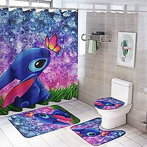 fmsnupz Cartoon Shower Curtain 4PCS Set, Cute Bathroom Decor with Non-Slip Rugs, Toilet Lid Cover and Bath Mat, Waterproof Fabric Shower Curtains with 12 Hooks, 70.8"x70.8"