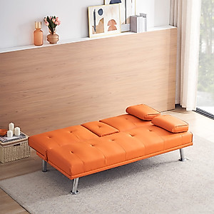 Anwickhomk 67" Multifunctional Double Folding Sofa Bed with 2 Cup holders,Leather Couch Loveseat Sleeper with Removable Armrests,Convertible Folding Couches Bed for Office Small Spaces (Orange)