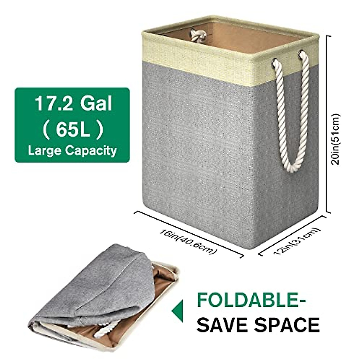 Laundry Basket,2-Pack Collapsible Linen Laundry Hampers,Tall Laundry Baskets,Dirty Clothes Hamper Laundry Organizer with Handles Laundry Bins for Bathroom Bedroom Dorm Toy Storage-grey
