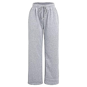 Lounge Pants Women Drawstring Straight Wide Leg Baggy Fall Sweatpants Elastic Waist Comfort Solid Color Trousers with Pocket Beach Pants for Women (Grey,XL)