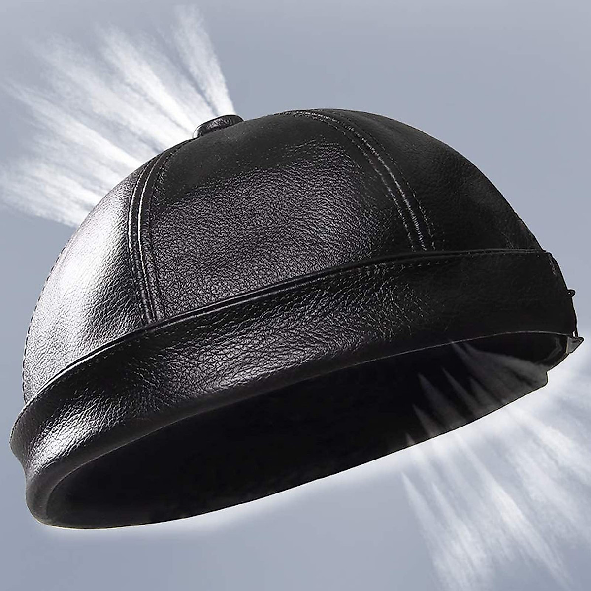 JGHJ Men Genuine Leather Skullcap, Sailor Cap Hat Beanie Rolled Cuff Retro Brimless Genuine Leather Beanie Hat (Black,XL), X-Large