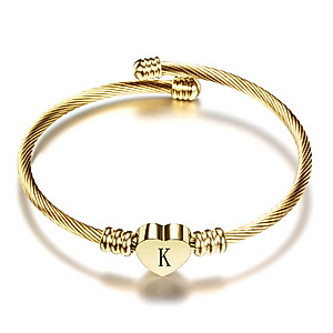 VQYSKO Rose Golden Heart Initials Bracelet-A-Z Stainless Steel Engraved Charm Bracelet, Woman Jewelry Birthday Festival Gift(Golden K)