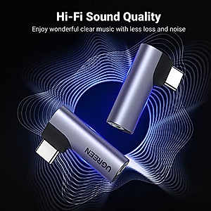 UGREEN USB C to 3.5mm Audio Adapter Type C Aux Headphone Jack DAC Stereo Mic HiFi Right Angle Earphone Dongle Compatible with iPad Pro Air 5 4 Mini 6, Galaxy S23 Ultra S22 S21 S20, Pixel 7 Pro, Gray