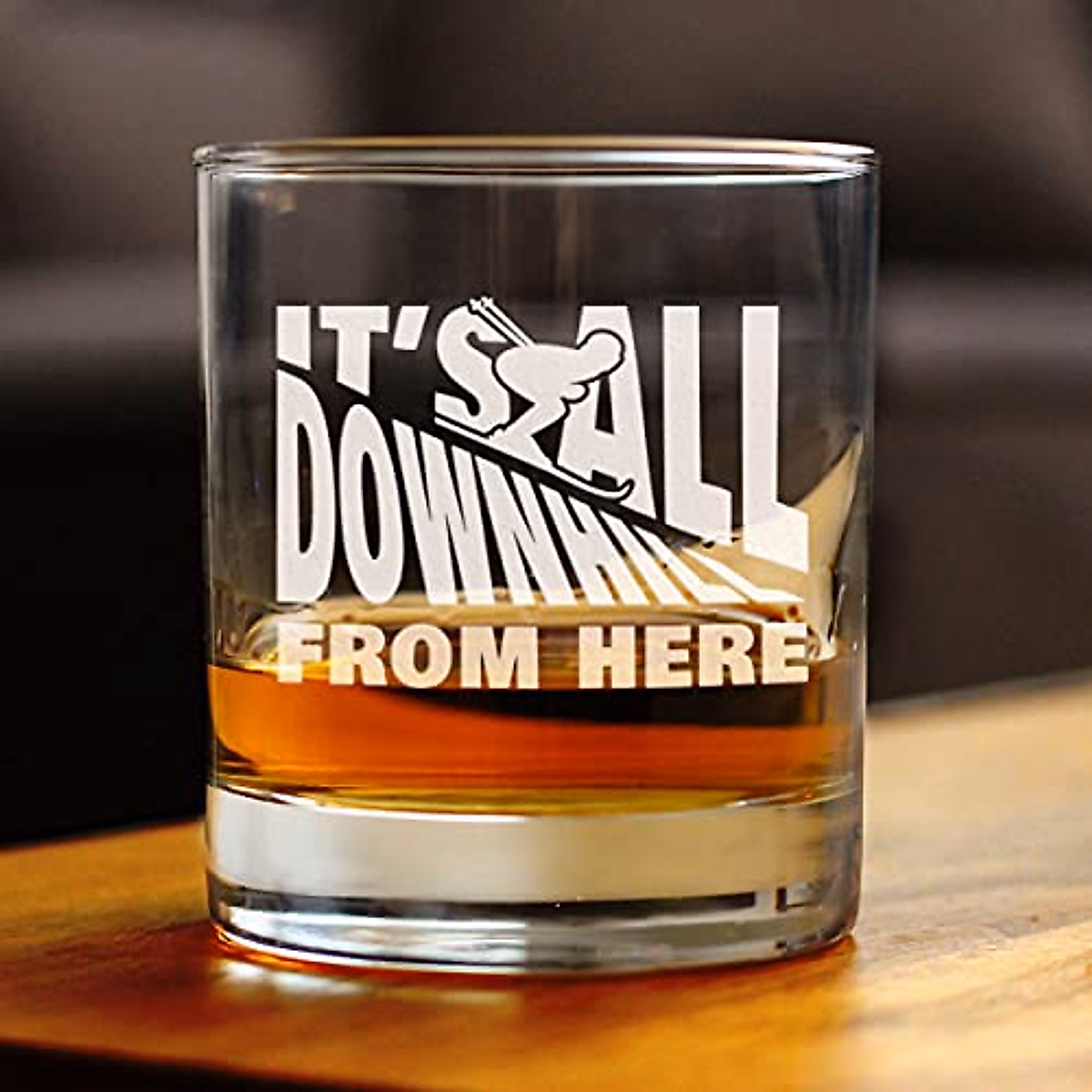 It's All Downhill From Here - Whiskey Rocks Glass - Unique Skiing Themed Decor and Gifts for Mountain Lovers - 10.25 Oz Glasses