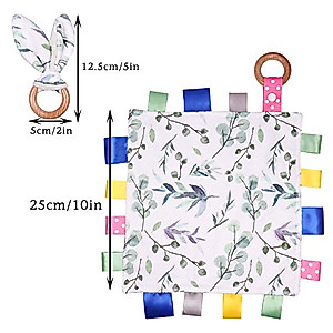 Baby Security Blanket with Tags Soft Ribbon Tag Blanket Comfort Lovey Taggy Blanket Cute Newborn Appease Towel with Bunny Ear Ring
