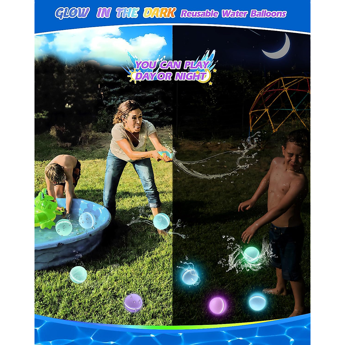 【8 Pack】Glow in The Dark Reusable Water Balloons for Kids Adults Outdoor Activities, Kids Pool Beach Bath Toys, Magnetic Self-Sealing Water Bomb