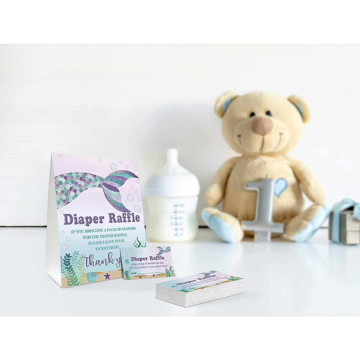 Nopoben Diaper Raffle Baby Shower Game, 1 Standing Sign and 50 Tickets, Mermaid Theme Gender Neutral For Boys or Girls, Bring A Pack of Diapers for Mom-To-Be, (025)