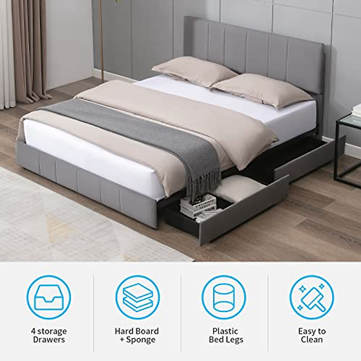 Mjkone California King Platform Bed Frame with 4 Storage Drawers, Upholstered Modern Velvet Bed Frame with Adjustable Headboard, Wooden Strips Design/No Box Spring Needed/Easy Assembly (Dark Grey)