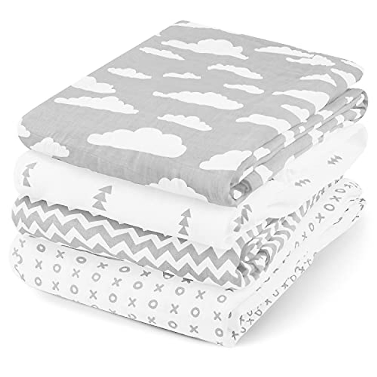 Muslin Swaddle Blankets – Soft Pure Cotton Muslin Blankets – 4 Pack of Breathable Swaddle Blankets – Unisex Baby Swaddle Blanket Set in Grey/White Designs – Multi Use Muslin Blankets – 47 x 47 inches