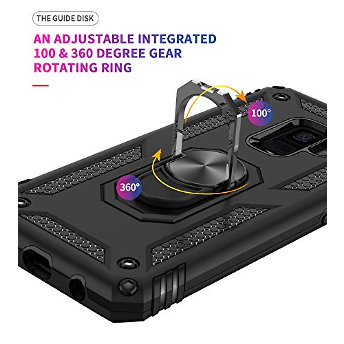 Androgate for Samsung Galaxy S9 Case with HD Screen Protectors, Military-Grade Metal Ring Holder Kickstand 15ft Drop Tested Shockproof Cover Case for Samsung Galaxy S9 (2018), Black