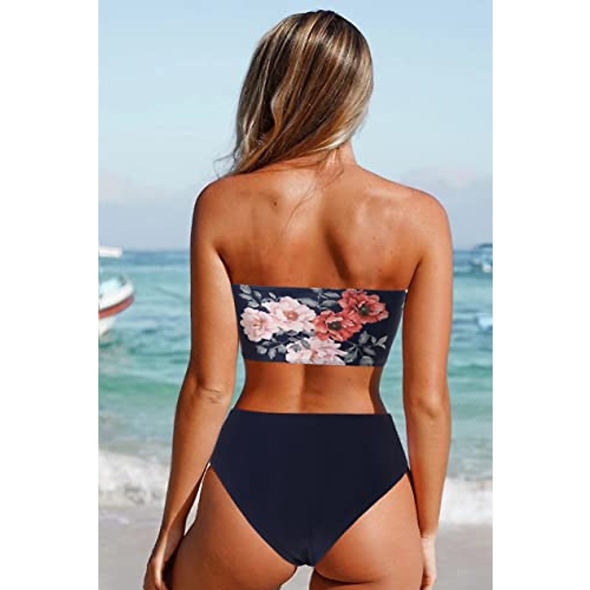 OMKAGI Women Bandeau Bikini Swimsuits Cheeky Off Shoulder Bathing Suit(XL,38-Floral)