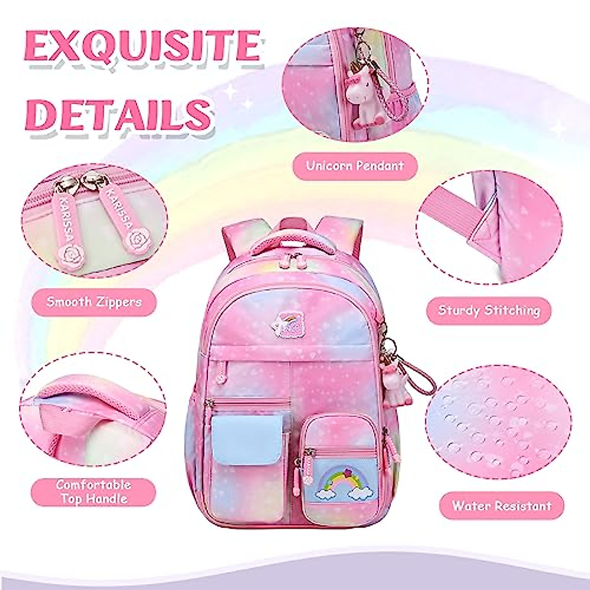 PIG PIG GIRL Girls Backpack, Functional Pockets Kids Backpack Kawaii Lightweight School Backpack Watrer Resistant Book Bag with Unicorn Pendant for Primary Elementary School,Pink