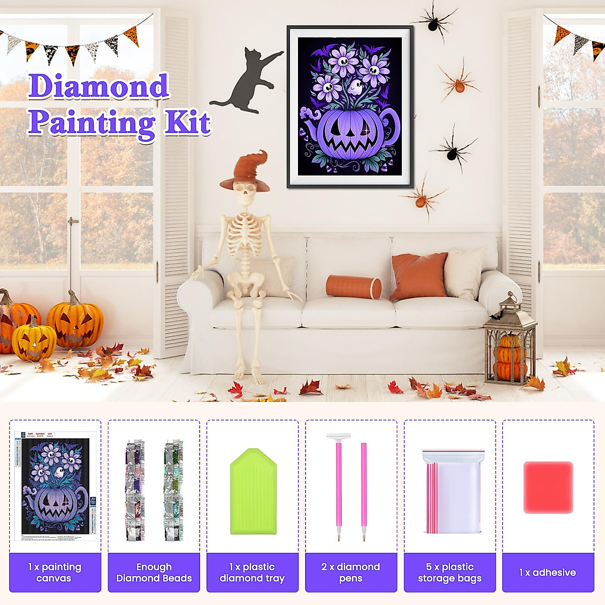 RICUVED Diamond Art, Halloween Pumpkin Diamond Art Kits for Adults Full Round Drill, DIY 5D Skeleton Flowers Diamond Dots Painting Arts and Crafts Gift Home Wall Decor 12x16Inch