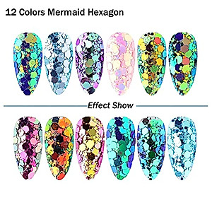 12 Grids Chameleon Nail Art Sequins Polygon Holographic Nail Supplies Bright Moving Nail Glitter Pattern Mermaid Nail Glitters Flakes Design 3D DIY Acrylic Nails for Women Manicure Powder Decorations