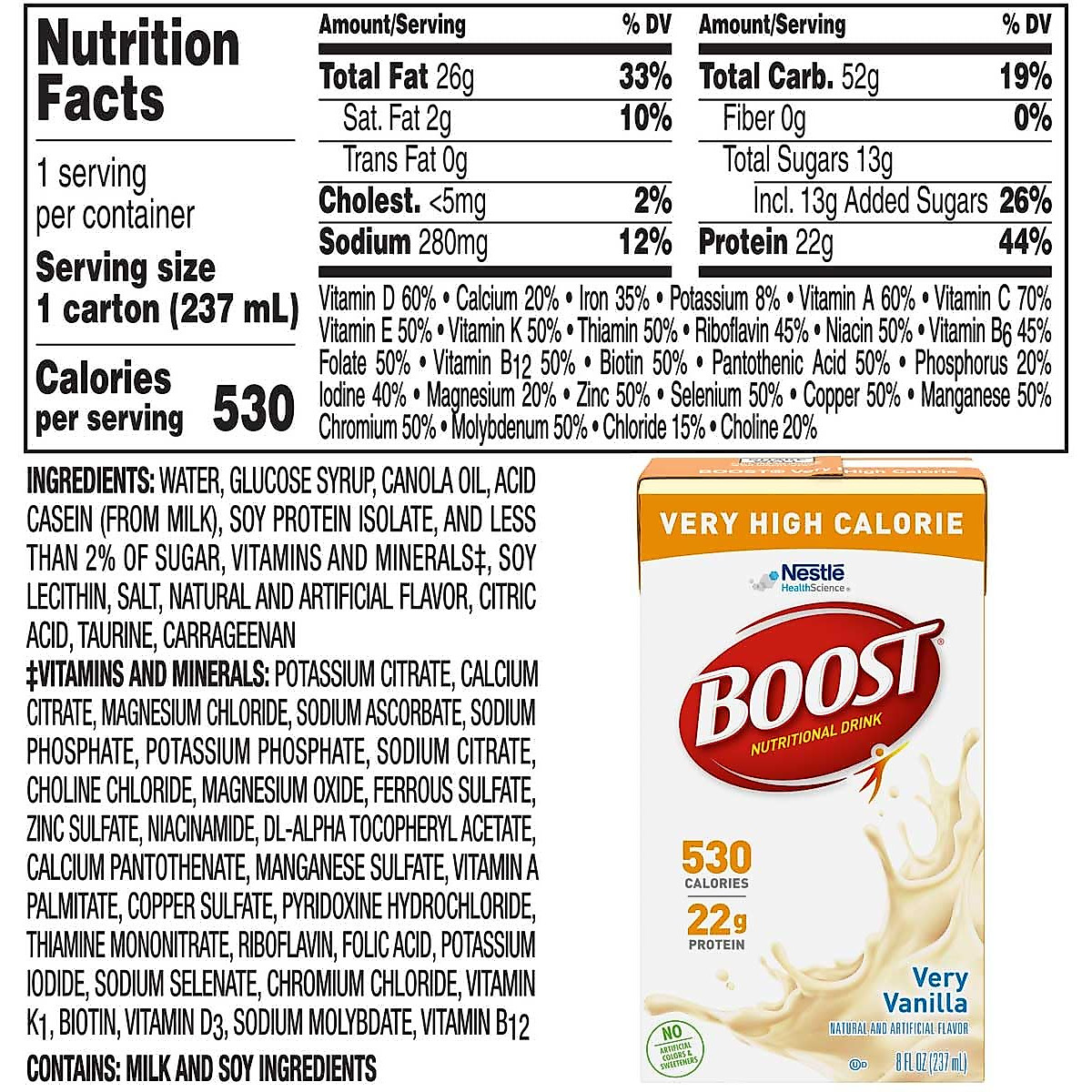 Boost Very High Calorie Nutritional Drink Very Vanilla, Made with Natural Vanilla Flavor & No Artificial Flavors, Colors & Sweeteners, 8 FL OZ (Pack of 24)