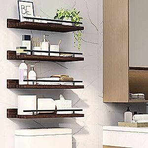 Fixwal Floating Shelves, Bathroom Wall Decor Set of 4, Rustic Farmhouse Wood Bathroom Wall Shelves for Bathroom, Living Room, Kitchen, Bedroom (Carbonized Black)