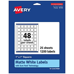 Avery Matte White Square Labels with Sure Feed, 1" x 1", 1,200 Matte White Printable Labels