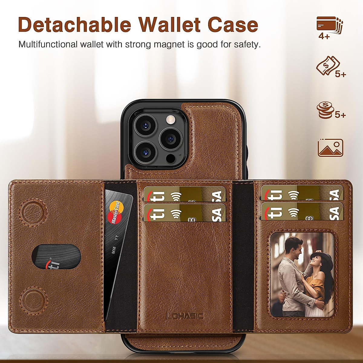 LOHASIC Compatible with Magsafe iPhone 15 Pro Max Wallet Case, Luxury Leather Detachable Credit Card Holder Slot Magnetic Pocket Phone Cases for iPhone 15 Pro Max 2023 New - Brown