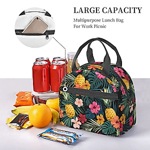Palm Leaves Hibiscus Flowers Lunch Bag Tropical Pineapples Fruit Reusable Insulated Lunch Tote Bag Lunchbox Container With Adjustable Shoulder Strap For Office Work School Picnic Travel