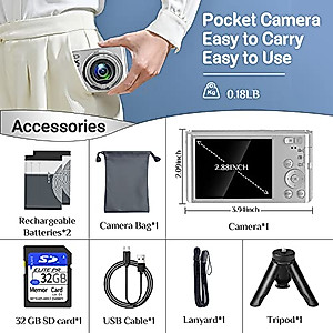 Digital Camera with 32GB SD Card, VJIANGER 4K 48MP Vlogging Camera with 2.8" Screen, 16X Digital Zoom, Mini Point and Shoot Camera for Kids Tees Aldults with 2 Batteries &Tripod(DC6-6 Silver)