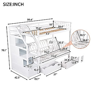 Merax Stairway Twin Over Full Bunk Bed with Staircase and Two Storage Drawers, Storage Bunk Bed with Convertible Down Bed can be Converted into Daybed, White