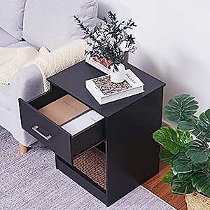 Reettic Wooden Nightstand Set of 2, End Table with Sliding Drawer and Opening Shelf, Sofa Bedside Table for Bedroom, Black RCTG101B02