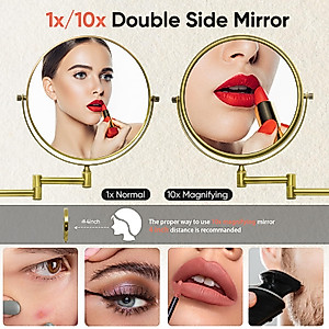 GURUN 8" Wall Mounted Makeup Mirror with 10X Magnification,Two-Sided Swivel Bathroom Mirror,Antique Satin Brass Finish M1306K(8in,10x)