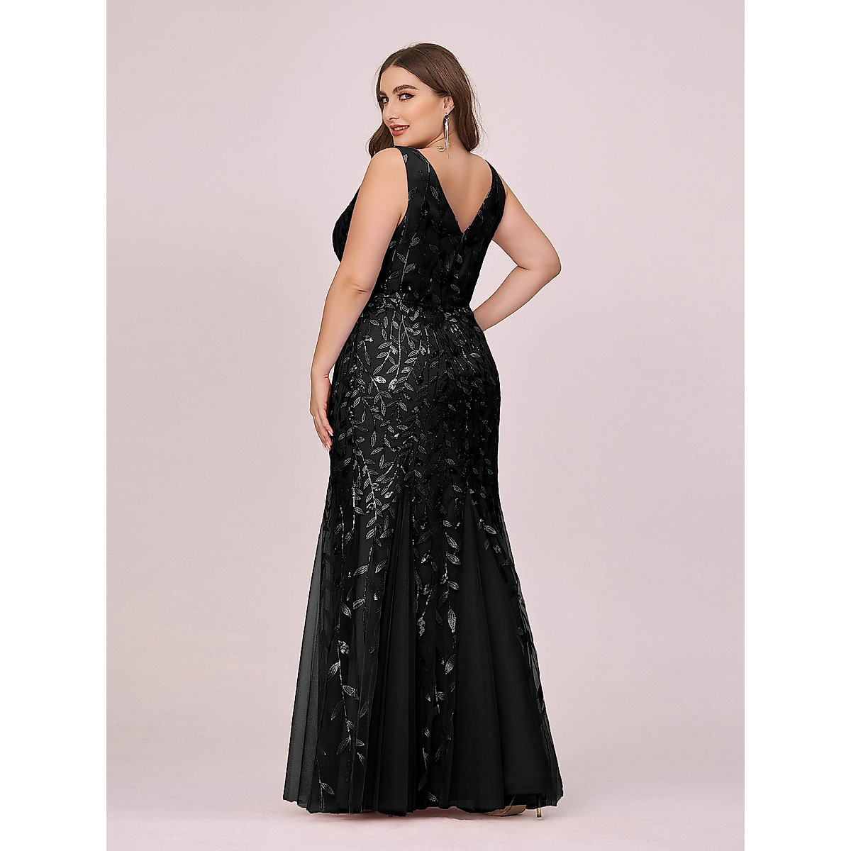 Ever-Pretty Women's V-Neck Embroidered Lace Floor Length Plus Size Mermaid Dress Black US18