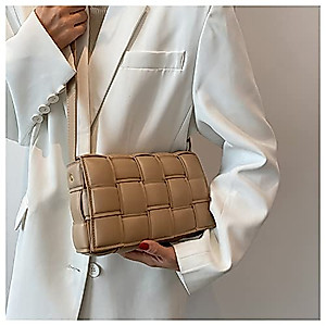 Womens Woven Soft Leather Crossbody Handbag Purse, Small Shoulder Messenger Bag Clutch Wallet Square Bag (Khaki)