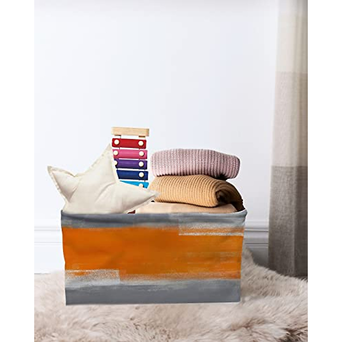Orange Grey Storage Bins 1 Pack, Large Waterproof Storage Baskets for Shelves Closet, Modern Oil Painting Ombre Abstract Aesthetics Storage Basket Foldable Storage Box Cube Organizer with Handles