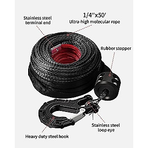 Kolvoii Synthetic Winch Rope Kit, 1/4 inch x 50ft 8500lbs Winch Cable with Steel Hook, Protective Sleeve and Winch Cable Stopper for ATV UTV Off-Road Vehicle etc(Grey Rope, Black Hook)