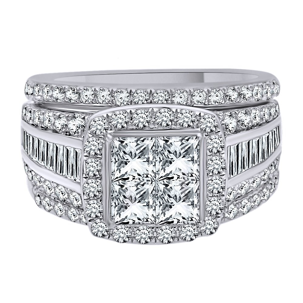 AFFY 14K Solid White Gold Round White Cubic Zirconia Bridal Engagement Wedding Ring Set (3 Cttw)