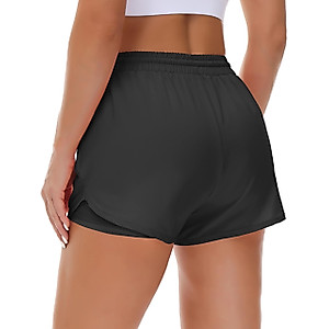 Mancreda Women's Running Shorts with Liner 3 Zipper Pockets Elastic Workout Athletic Gym Yoga Shorts(BK,M) Black