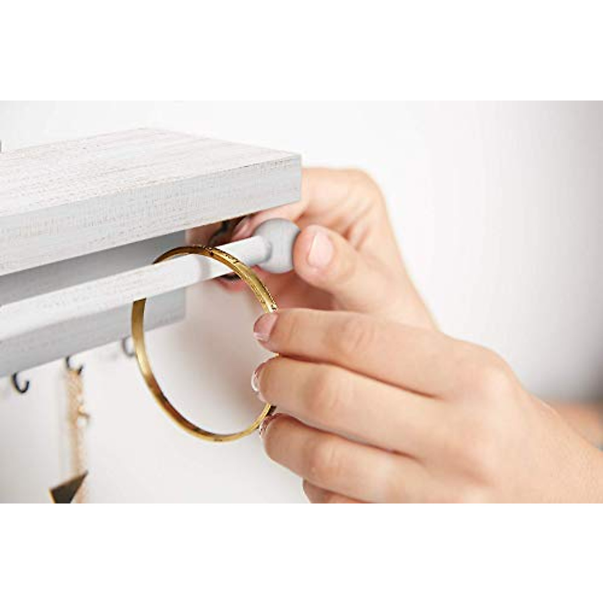 Rustic White Necklace Jewelry Organizer - Wall Mount Jewelry Holder - Mounted Hanging Jewelry Storage Hooks for Necklace, Earrings, and Rings - Farmhouse Wood Decor Bedroom Boho Shelf Rack