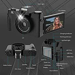 Vlogging Camera, 4K Digital Camera for YouTube with WiFi, 16X Digital Zoom, 180 Degree Flip Screen, Wide Angle Lens, Macro Lens, 2 Batteries and 32GB TF Card TopCam37