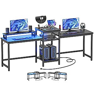 Unikito 2 Person Computer Desk with LED Light and Power Outlet, Double Gaming Desk, Large Workstation with Storage and Printer Stand, Long Desk, Office Work Desk with Shelf, Writing Study Table, Black