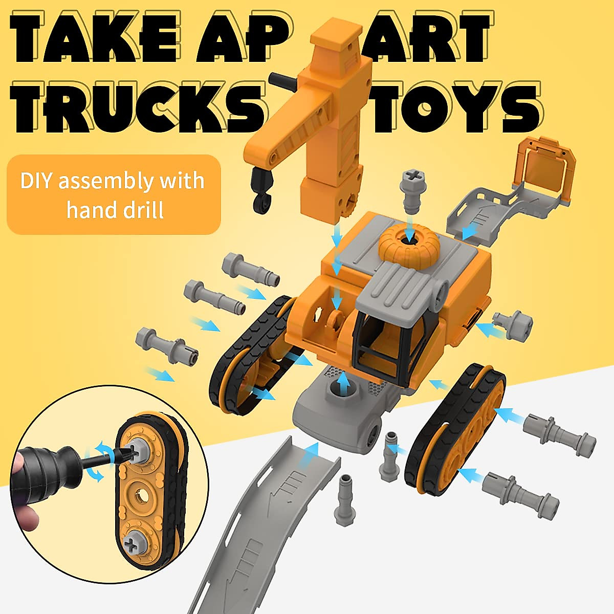 JIFTOK Constrcution Truck Toy Car for 3 4 5 6 7 8 Year Old Boys, Take Apart Toys with Electric Drill, Building Toy Playset with Excavator Toy, Tractor Toy for Kid 3-5 4-8 Christmas Birthday Gifts