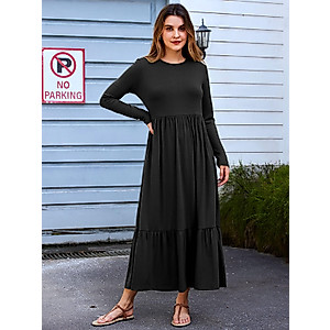 LILLUSORY Womens Long Sleeve Crewneck Ruffle Swing Midi Dress 2023 Fall Casual Loose Tiered Maxi Dresses with Pockets Black