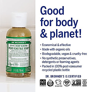 Dr. Bronner's - Pure-Castile Liquid Soap (2 Ounce Variety Gift Pack) Almond, Unscented, Citrus, Eucalyptus, Lavender, Peppermint, Rose, Tea Tree - Made with Organic Oils, For Face, Body and Hair