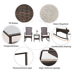 Outdoor PE Wicker Porch Rocking Chair 3 Piece Patio Bistro Set Garden Conversation Furniture Brown Rattan with Glass Coffee Table, Khaki Cushion