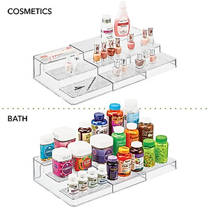 mDesign Plastic Spice and Food Kitchen Expandable Cabinet Shelf Organizer - 3 Tier Storage - Modern Compact Caddy Rack - Holds Spices/Herb Bottles, Jars - for Shelves, Cupboards, Refrigerator - Clear