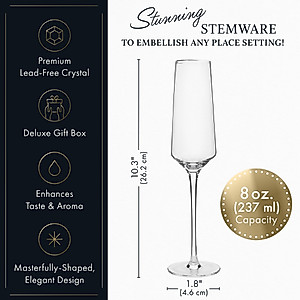 Champagne Flutes - 8 oz - Set of 2 Crystal Glass Flutes, Hand Blown Edge Champagne Glasses - Prosecco Wine Flute, Cocktail Glasses, Mimosa Glasses, Champagne Flutes Glass, Bar Glassware
